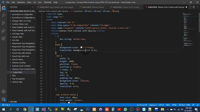 Sidenav Push Content with Opacity | video | playlist mini project of frontend HTML CSS ...
