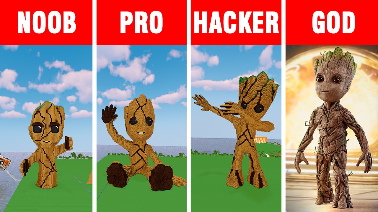 Майнкрафт битва: Нуб против Про против Хакера против Бога: Строим Грута в Майнкрафт.