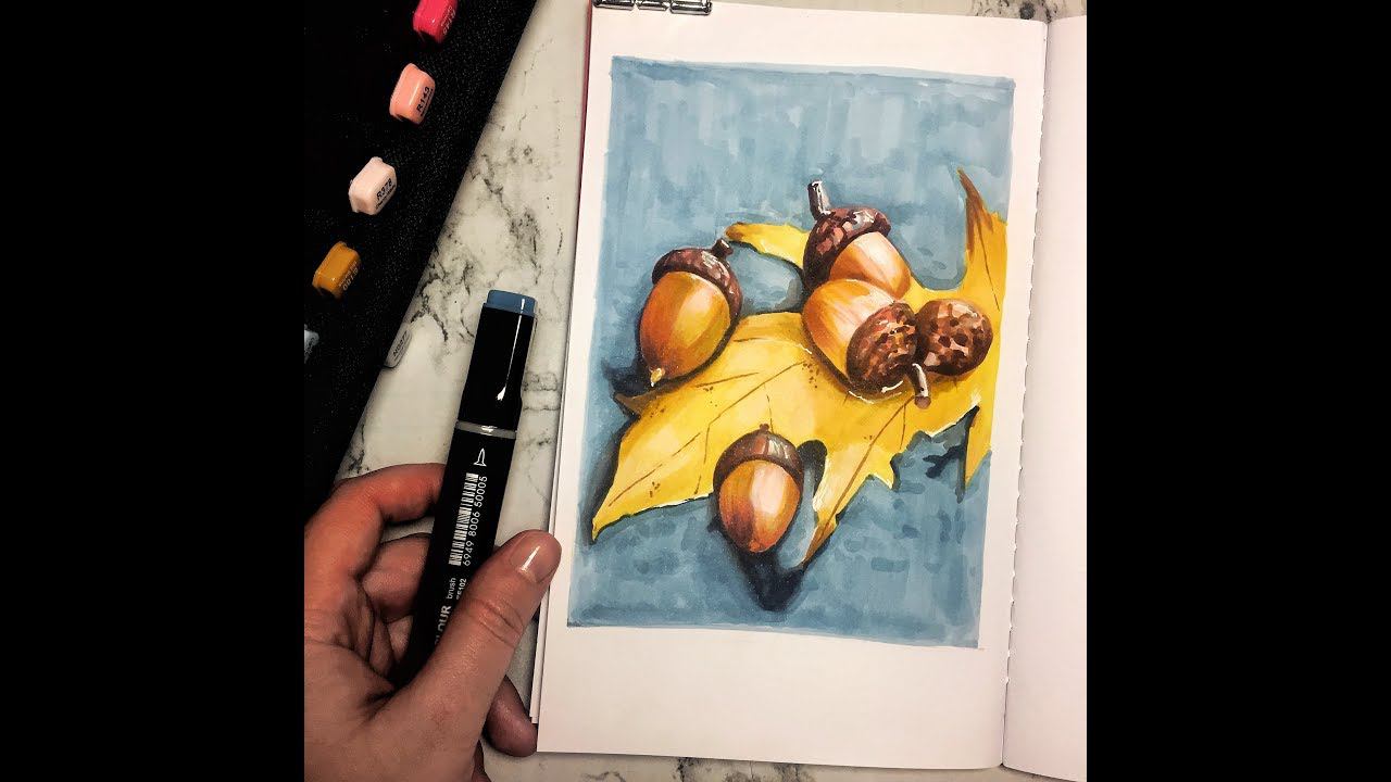 Как рисовать маркерами, если их немного. Рисуем желуди