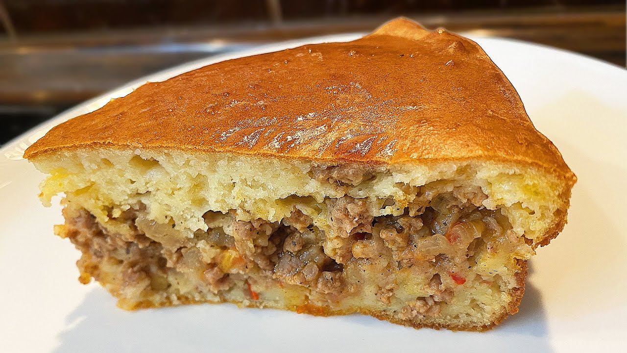 Пирог с мясом, СОЧНЫЙ , без дрожжей на кефире! Вам понравится!