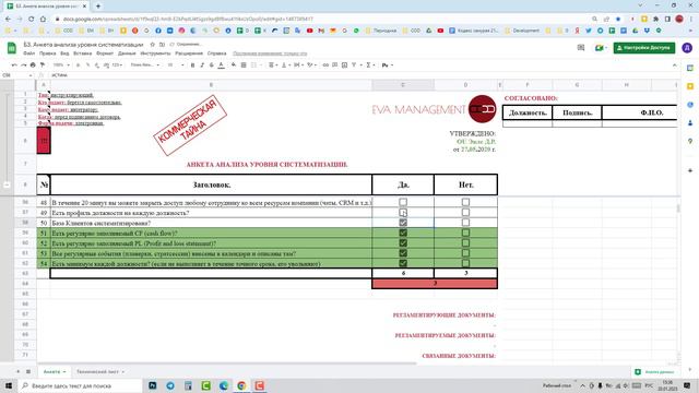Анкета анализа уровня систематизации.