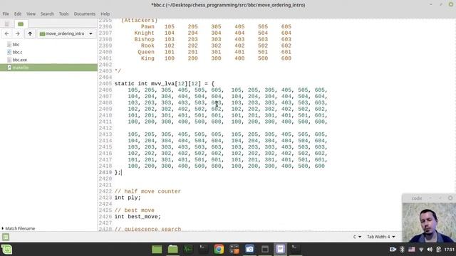 53-Bitboard CHESS ENGINE in C  defining MVV LVA (Most Valuable Victim - Least Valuable Attacker) tab