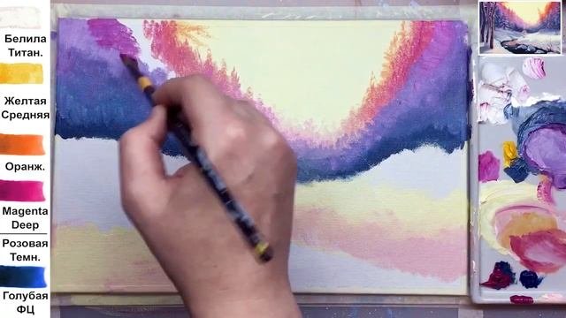 Зимний закат. Как нарисовать пейзаж АКРИЛ! Сезон 9-3 | Мастер-класс ДЕМО