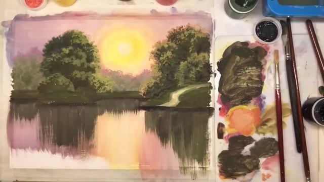 «Пейзаж. Вечер на озере» как нарисовать ГУАШЬ | Сезон 4 -7 |Мастер-класс ДЕМО