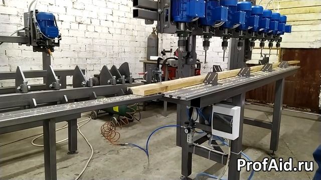 Многошпиндельный сверлильный станок - сверление доски 6м.