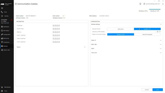 Ввод в эксплуатацию модуля коммуникации Modbus TCP с помощью ПО Ekip Connect