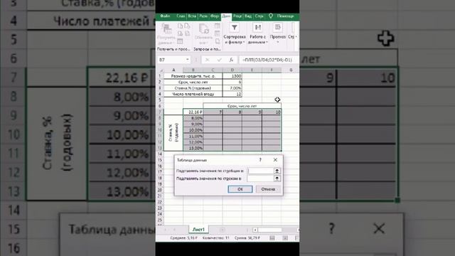 Подбор оптимального платежа по кредиту - Инструмент «Таблица данных» EXCEL