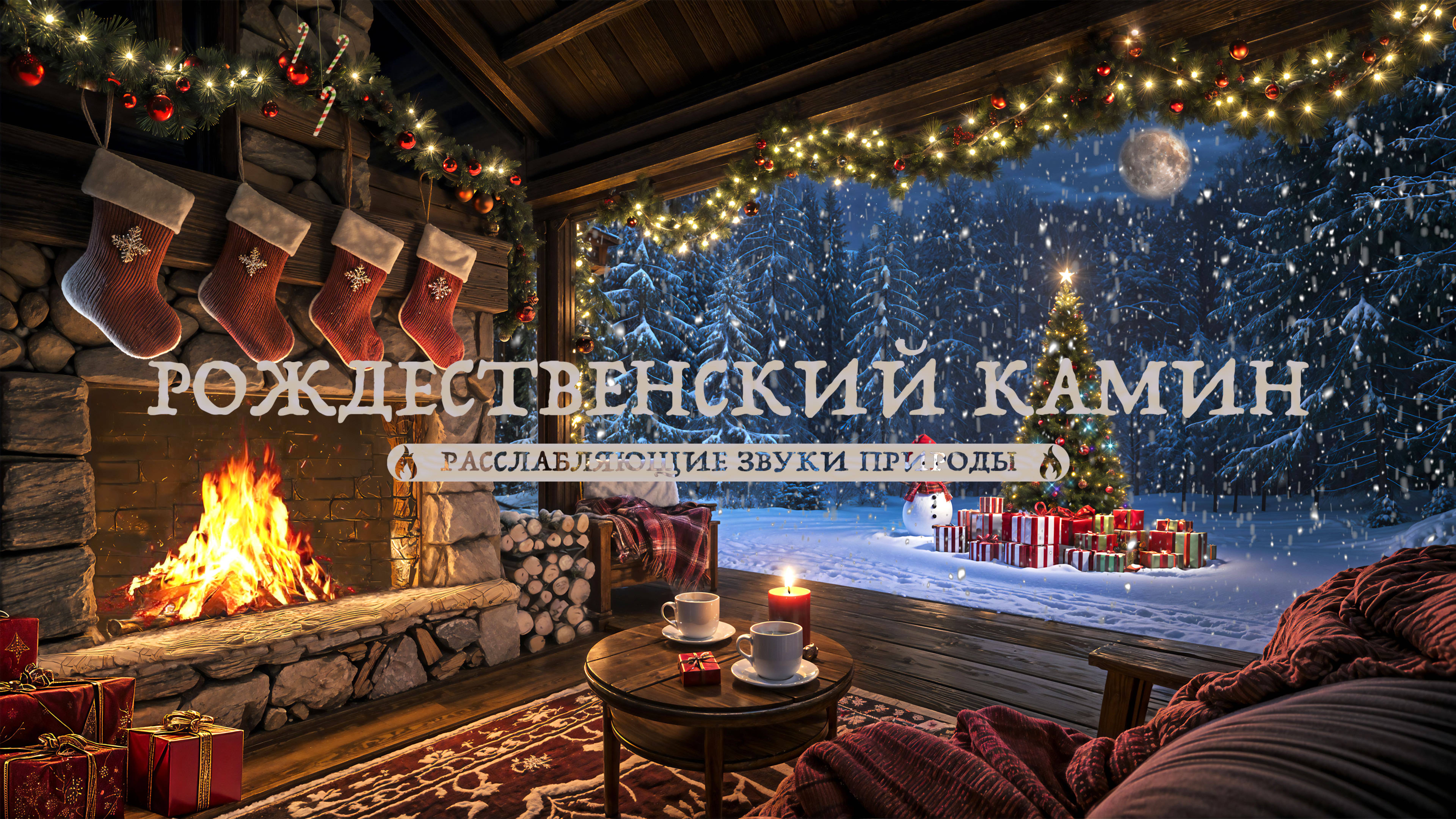 Рождественский камин и снежная ночь 🎄 Звуки потрескивающего огня и хрустящего снега для релакса