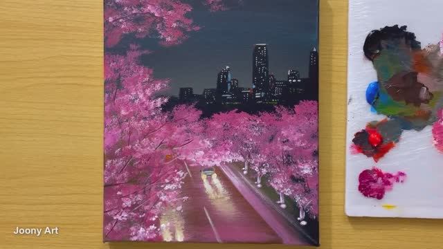 Рисуем с Joony Art ночной городской пейзаж с вишнями в цвету (цветение сакуры в Сеуле)