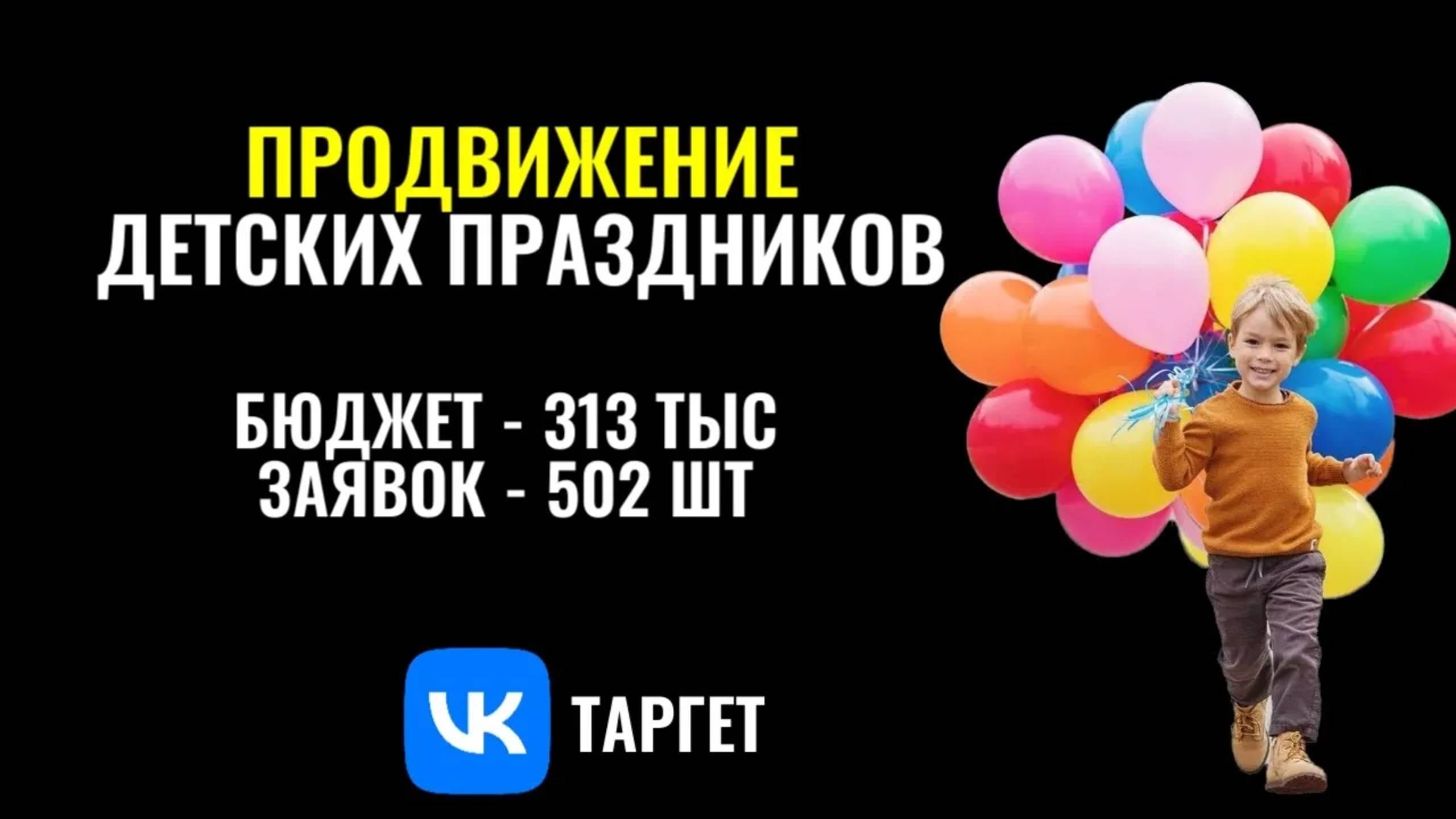 КЕЙС ДЕТСКИЕ ПРАЗДНИКИ. Через рекламу ВК потратили 313 тысяч рублей и получили 502 лида
