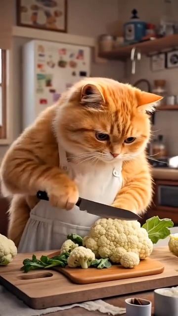 Рыжий кот готовит кушать