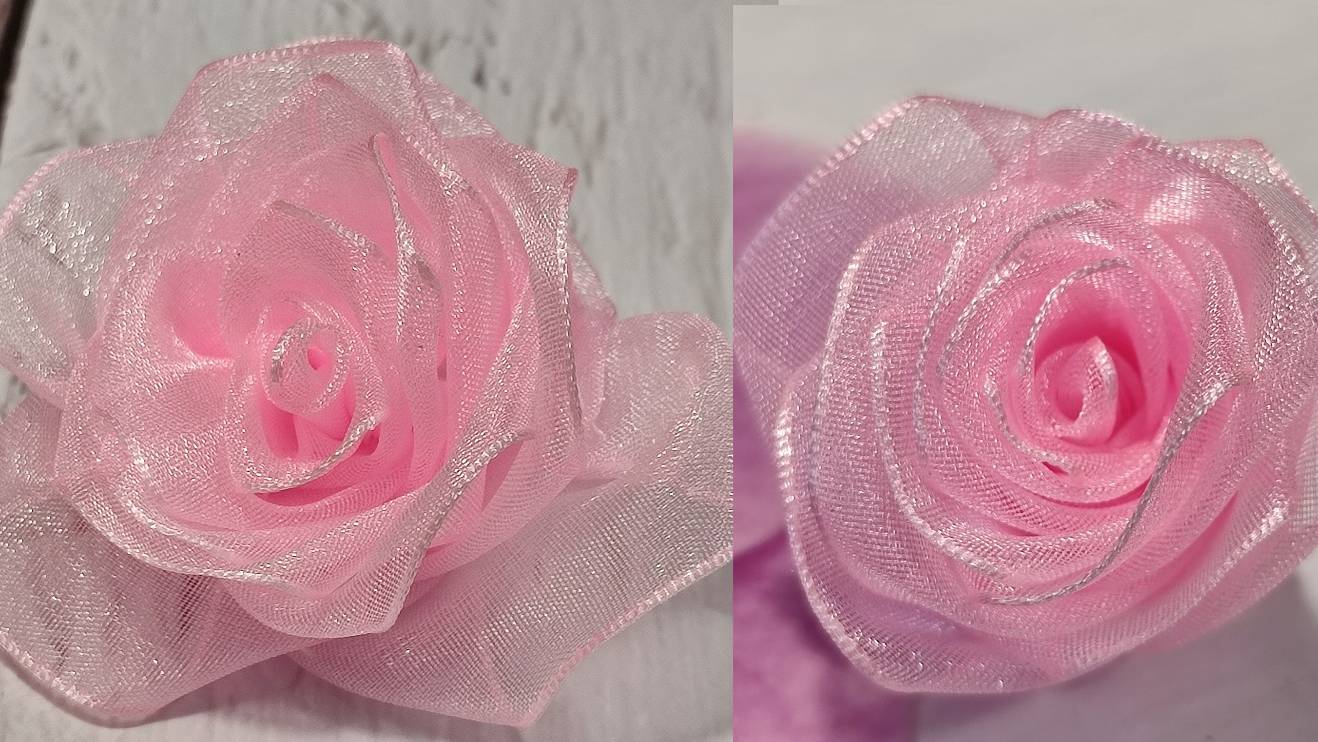 Роза из шифона, канзаши из ленты 25мм, 2 вида сборки.  Chiffon Rose. Kanzashi.