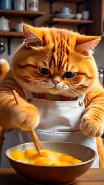 Рыжий кот готовит еду