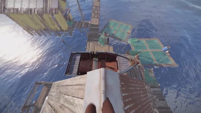 Вид с крыши рыбацкой деревни и лодка в Rust
