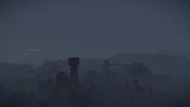 Путешествие в Rust, депо поездов ночью, утро, восход, туман, живые обои, графика Rust