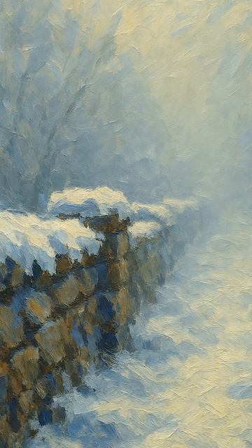 «Старинная каменная изгородь покрытая снегом» (Стиль картины: импрессионизм) #183