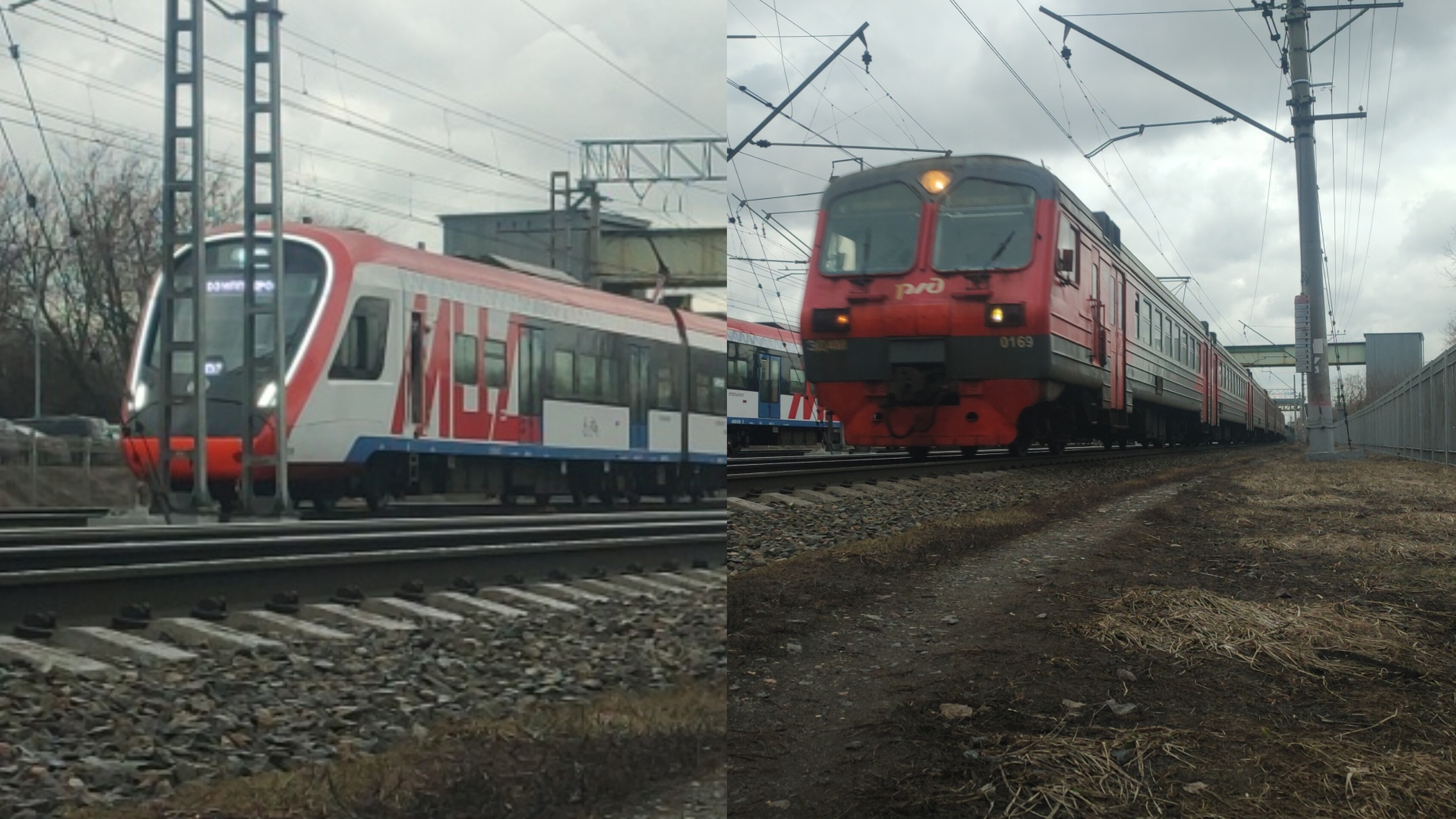 Электропоезда ЭГЭ2Тв-013 и ЭД4М-0169 на станции Косино| Мартовский пасмурный день