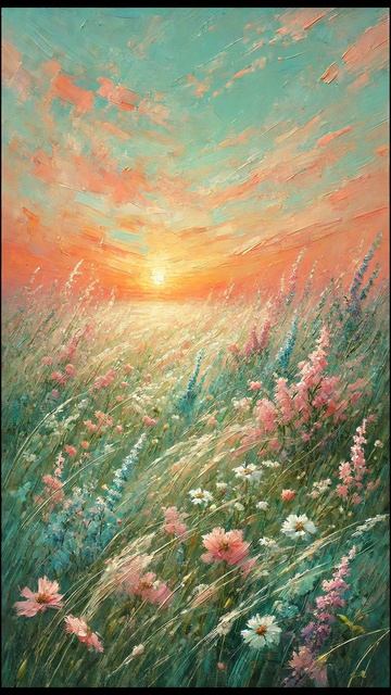 Поле диких цветов на фоне заката (стиль картины: #импрессионизм) #223