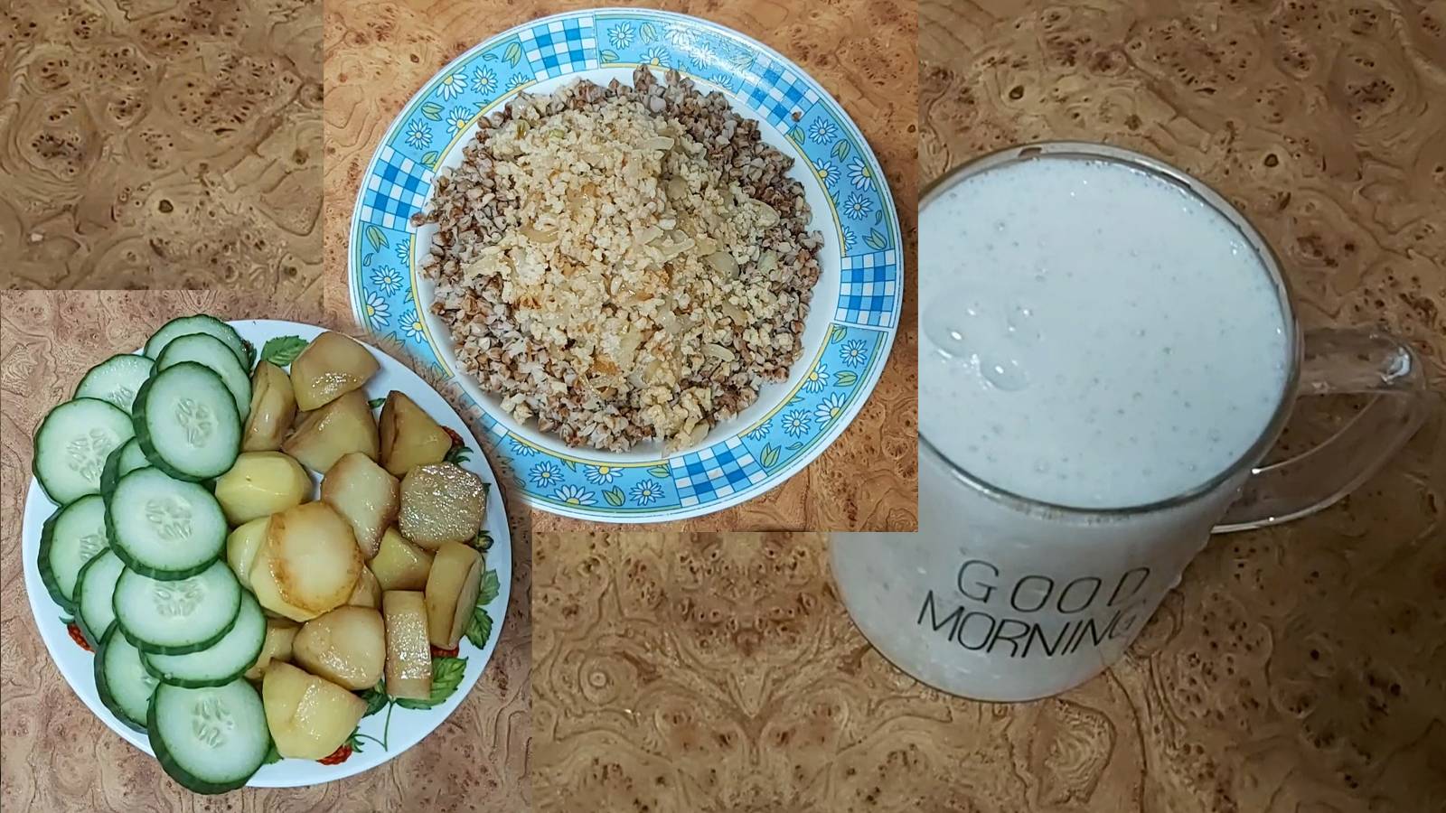 Мой пост, день 31~й. Смузи: немолоко с бананом. Греча с зажаркой. Картошка.
