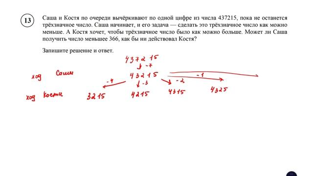 ВПР. Математика. 6 класс. Задание 13. Саша и Костя по очереди вычёркивают по одной цифре из числа