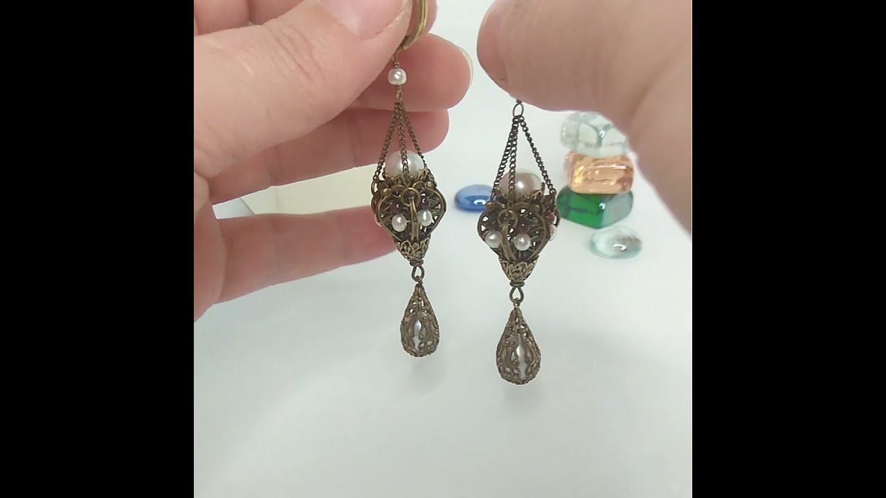 Earrings by Nata-Bijoux - brass, pearls, garnet