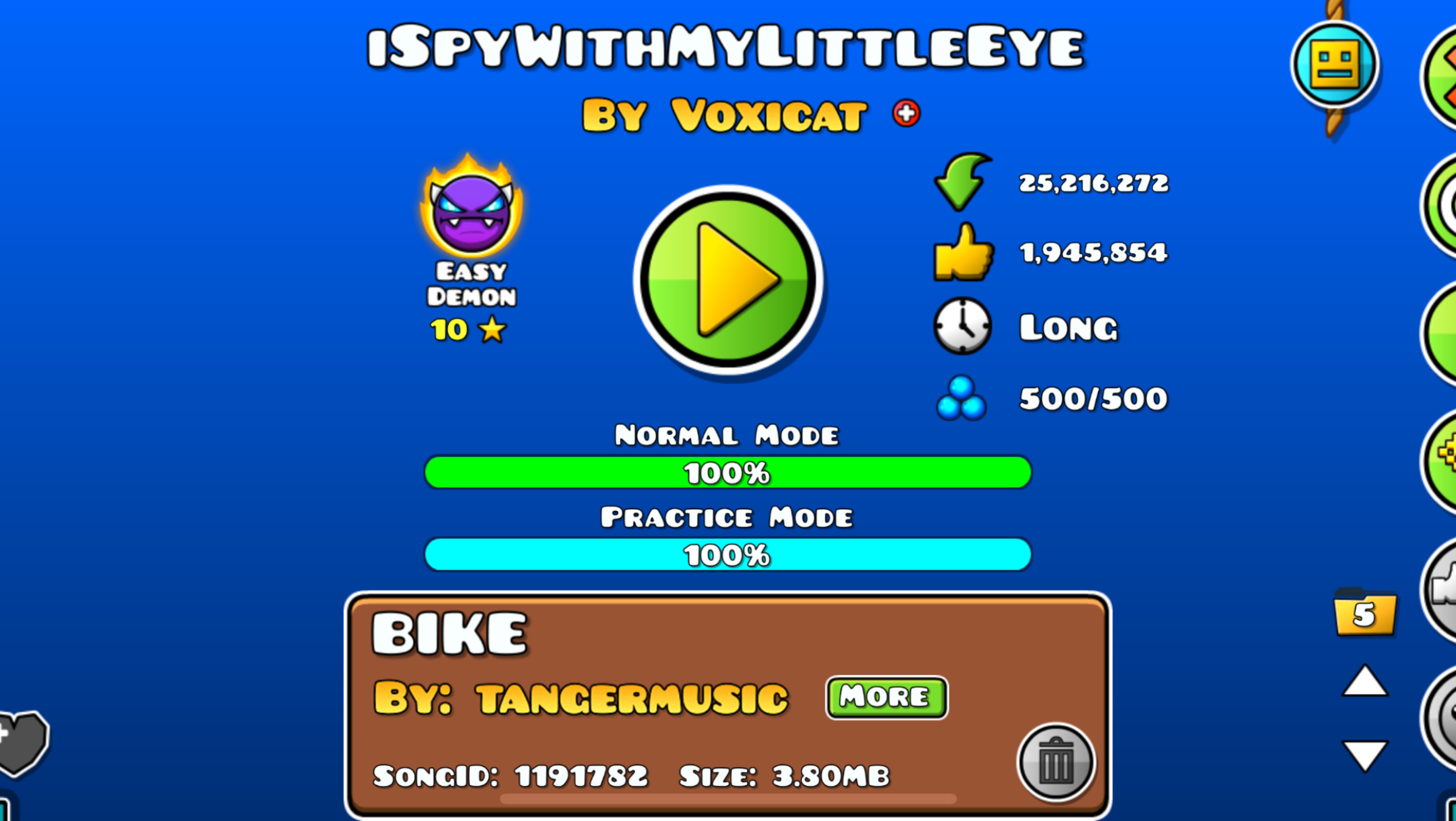Ispywithmylittleeye by voxicat Geometry Dash level 💯% (Мой первый демон)