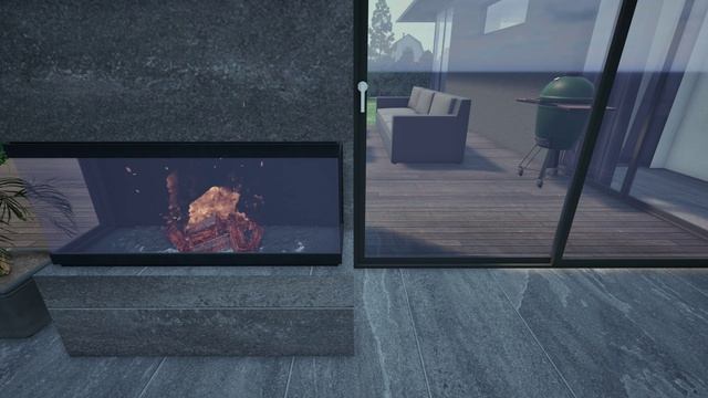 Обзор гостинной с камином и кухонным островом, варочная панель с встроенной вытяжкой