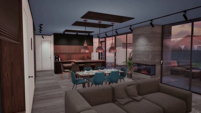 Кладовка и видовая точка на внутренний двор, камин вечером