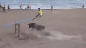 image прикол  бык коррида на песку 2 парня