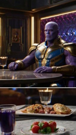 Three Thanoses sitting in a restaurant