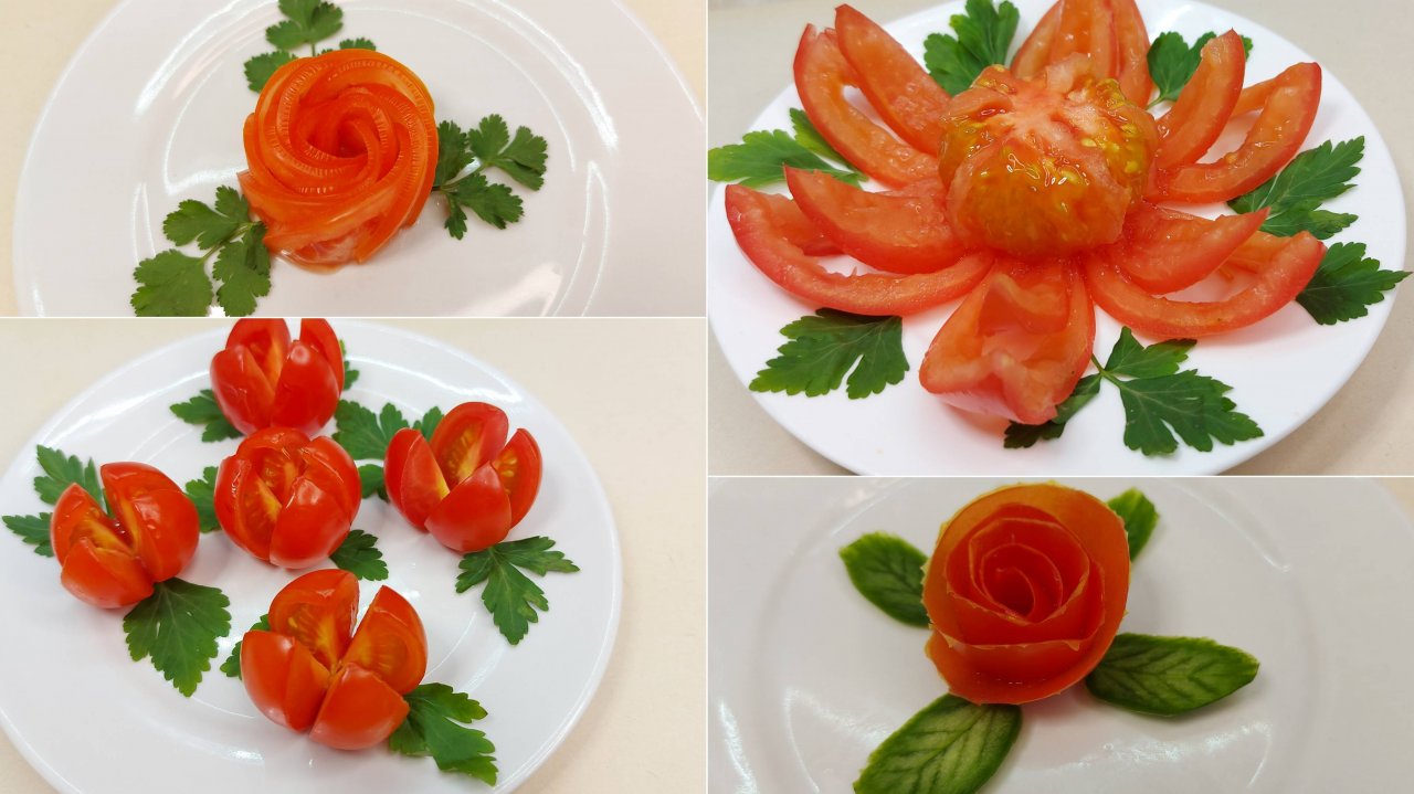 Цветы из помидоров - 4 способа. Как сделать розу из помидора. Украшения из овощей