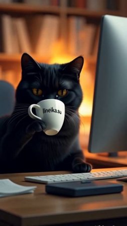 Кот безмятежно пьет кофе и мурлыкает, ведь у него будет всё в порядке в новоселье.