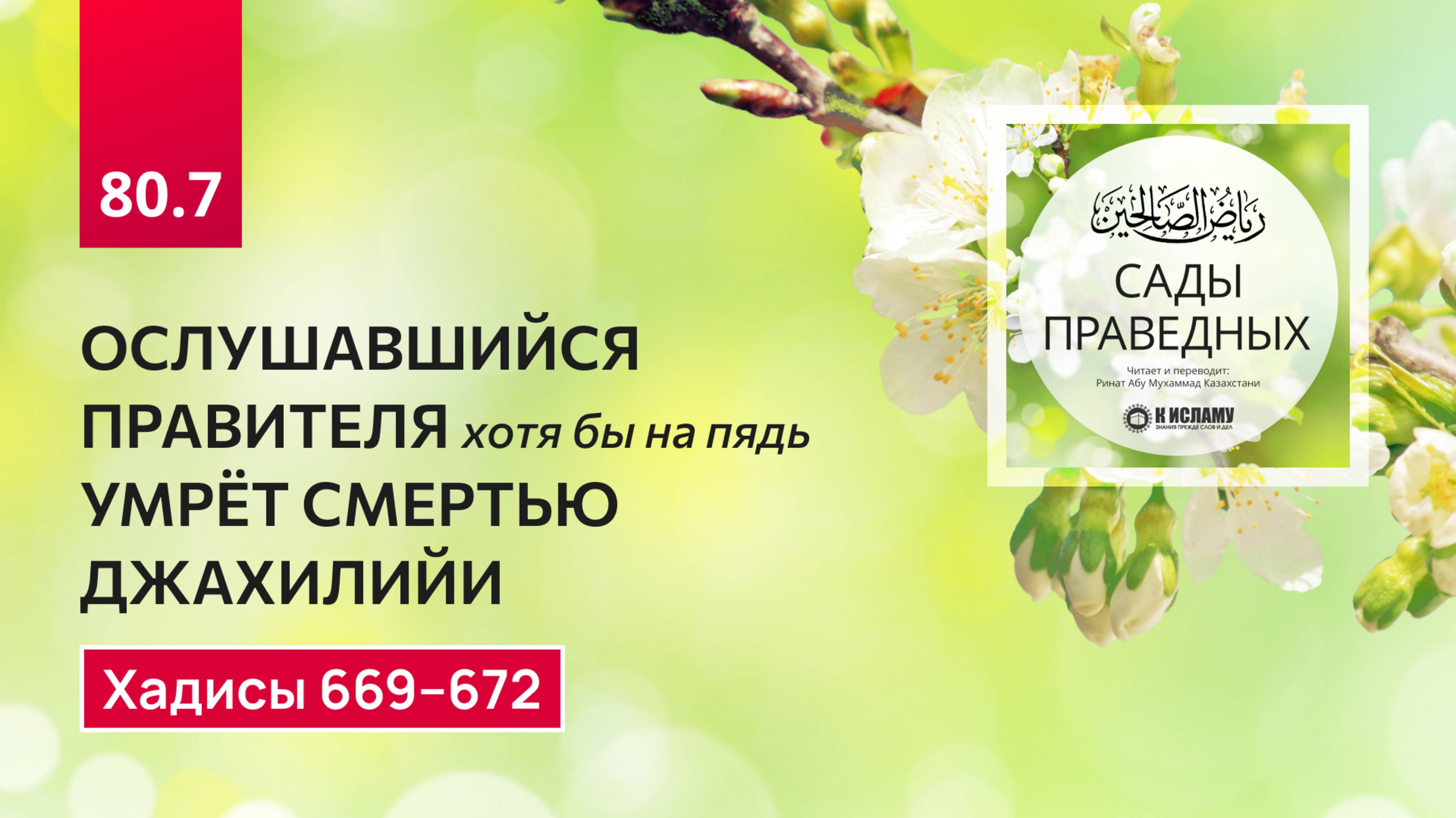80.7 Сады праведных. ОСЛУШАВШИЙСЯ ПРАВИТЕЛЯ хотя бы на пядь УМРЁТ СМЕРТЬЮ ДЖАХИЛИЙИ. Хадисы 669-672