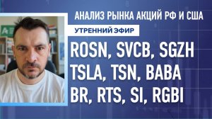 Анализ рынка акций РФ и США/ ROSN, SVCB, SGZH, TSLA, TSN, BABA/ BR, RTS, SI, RGBI