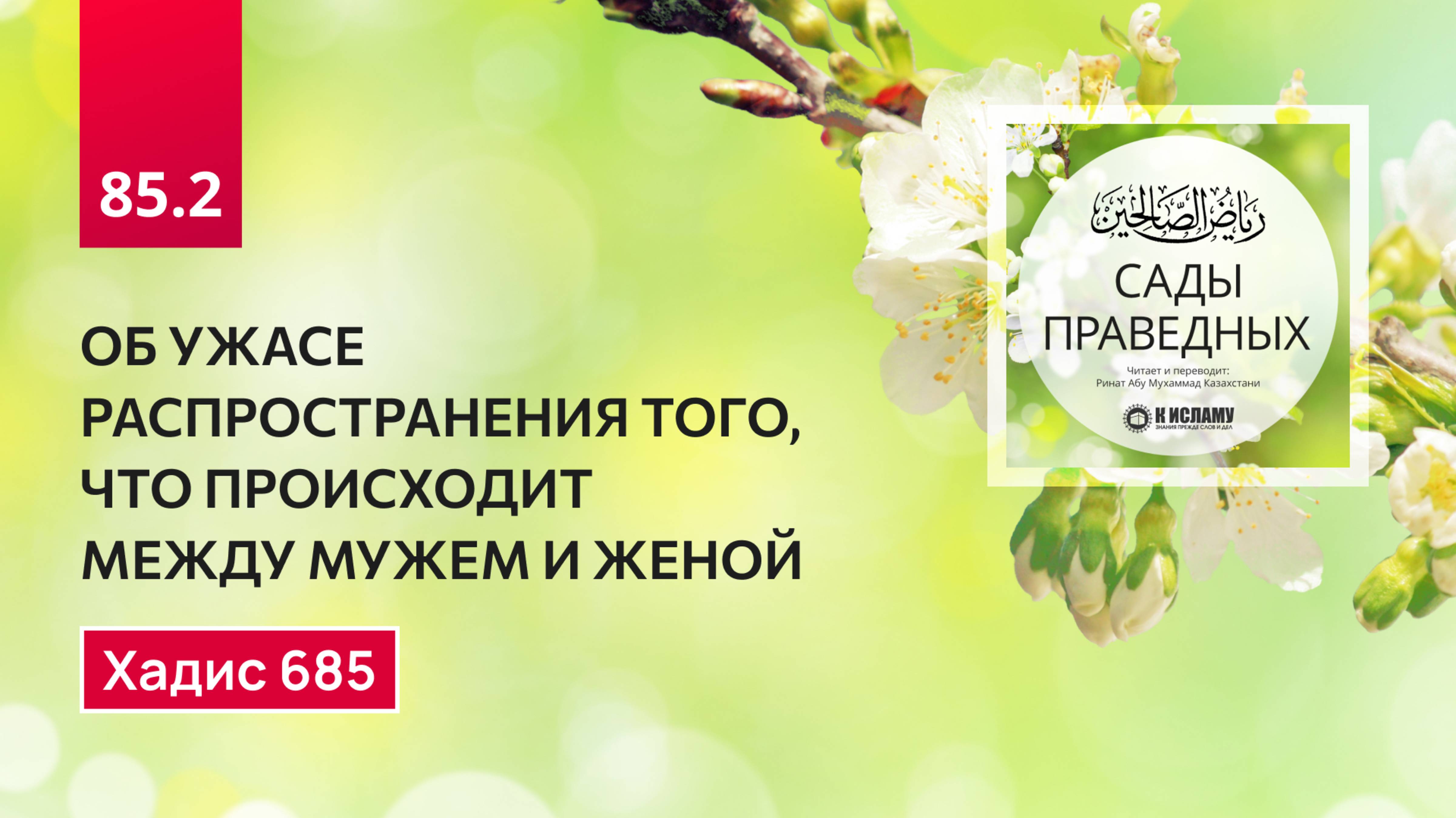 85.2 Сады праведных. Об ужасе распространения того, что происходит между мужем и женой. Хадис 685