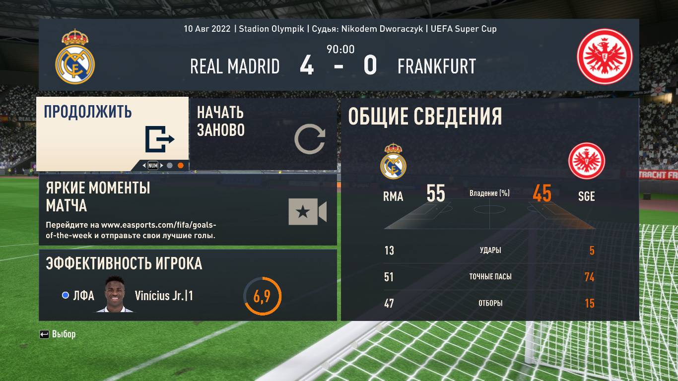 ФИФА 23 ОБЗОР МАТЧА ФИНАЛ СУПЕРКУБКА УЕФА РЕАЛ МАДРИД АЙНТРАХТ 4:0 🏆