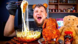 Острая лапша с сыром и запеченная курочка. Готовка и поедание!