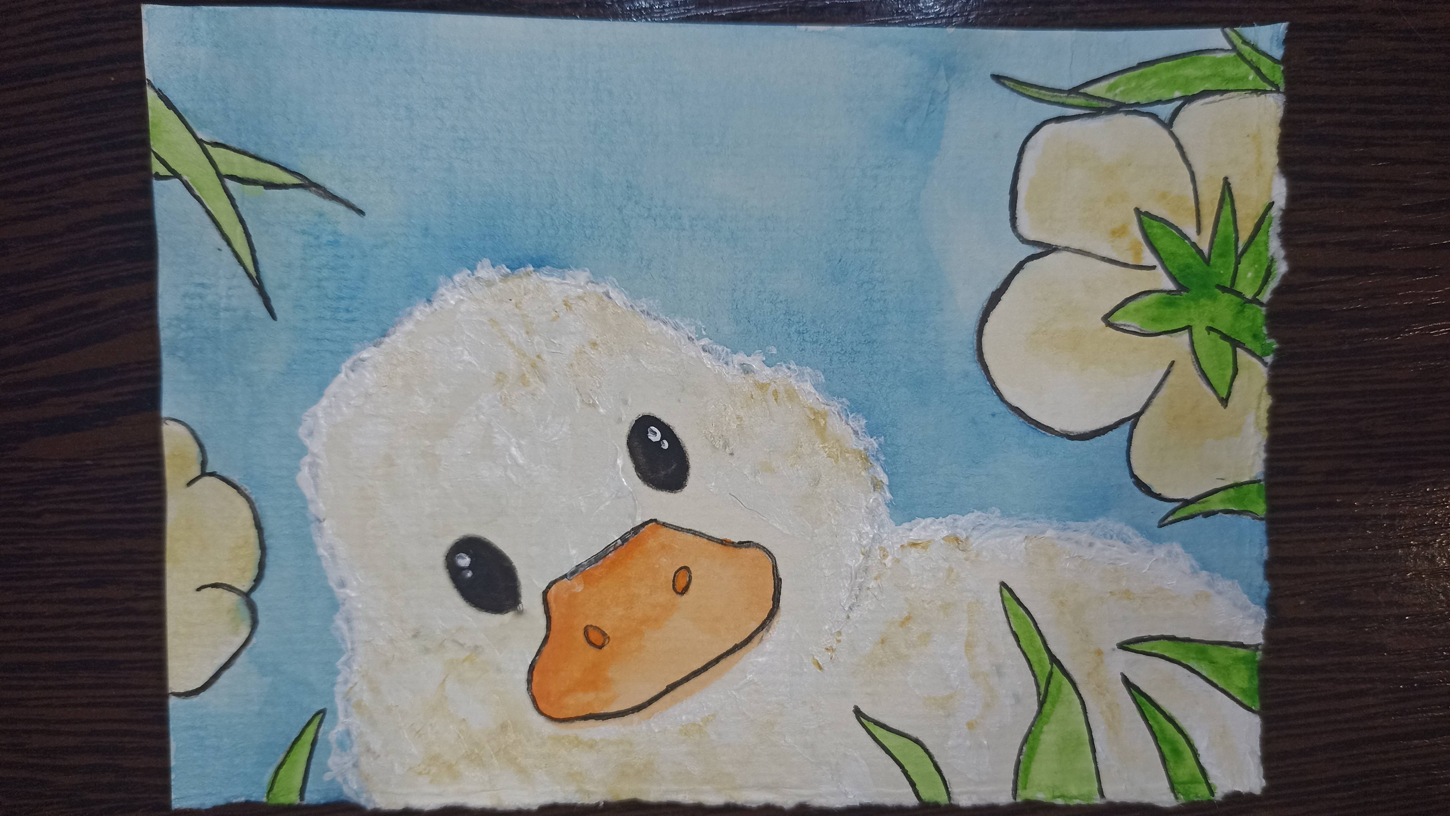 Утенок в траве / Рисунок акварелью