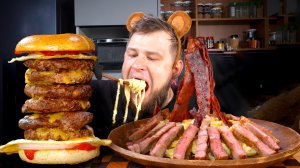 MEGA BURGER TOWER, CREAMY SPAGHETTI WITH STEAK, ASMR MUKBANG, АСМР МУКБАНГ, 먹방, 大食い, たべる, 谢尔盖