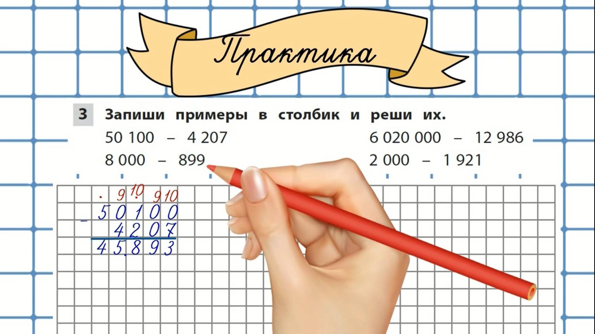 Вычитание из круглых многозначных чисел примеры 1-4 класс