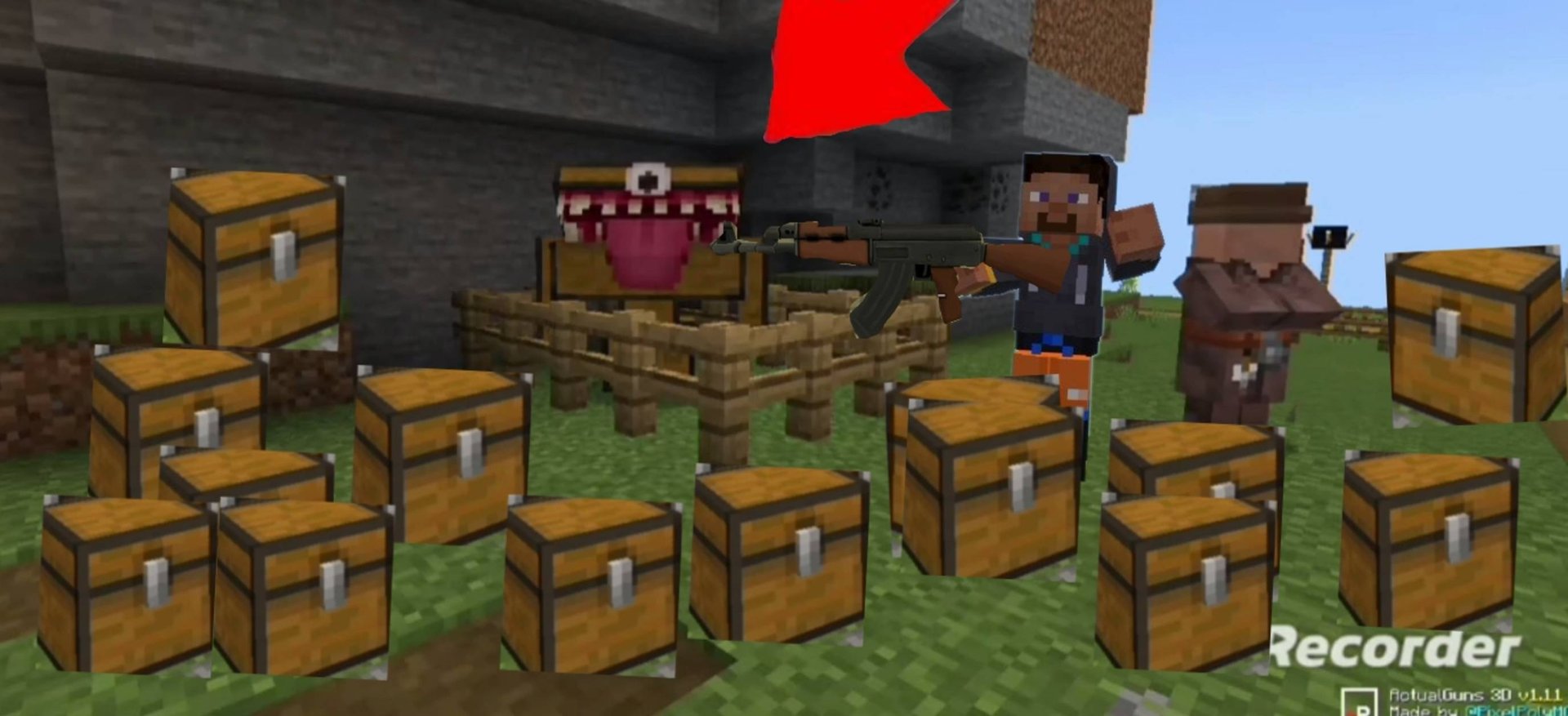 Н нашу деревню напал сундучный монстр в майнкрафт (я его убил)