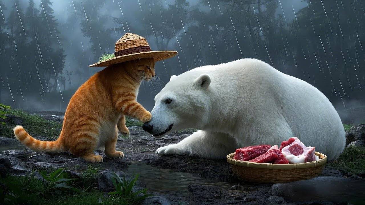 Котенок спас белого медведя и принес его домой, чтобы хорошенько накормить! #кошка #котята #мило