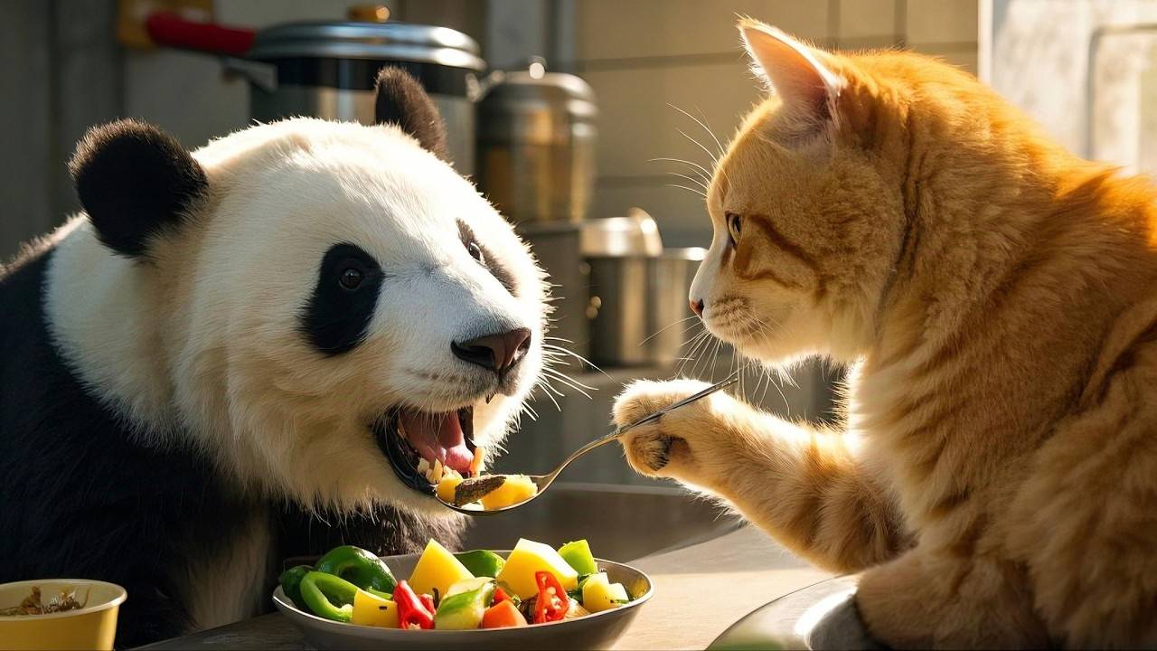 Котенок спас гигантскую панду и принес ее домой, чтобы приготовить побеги бамбука на ужин