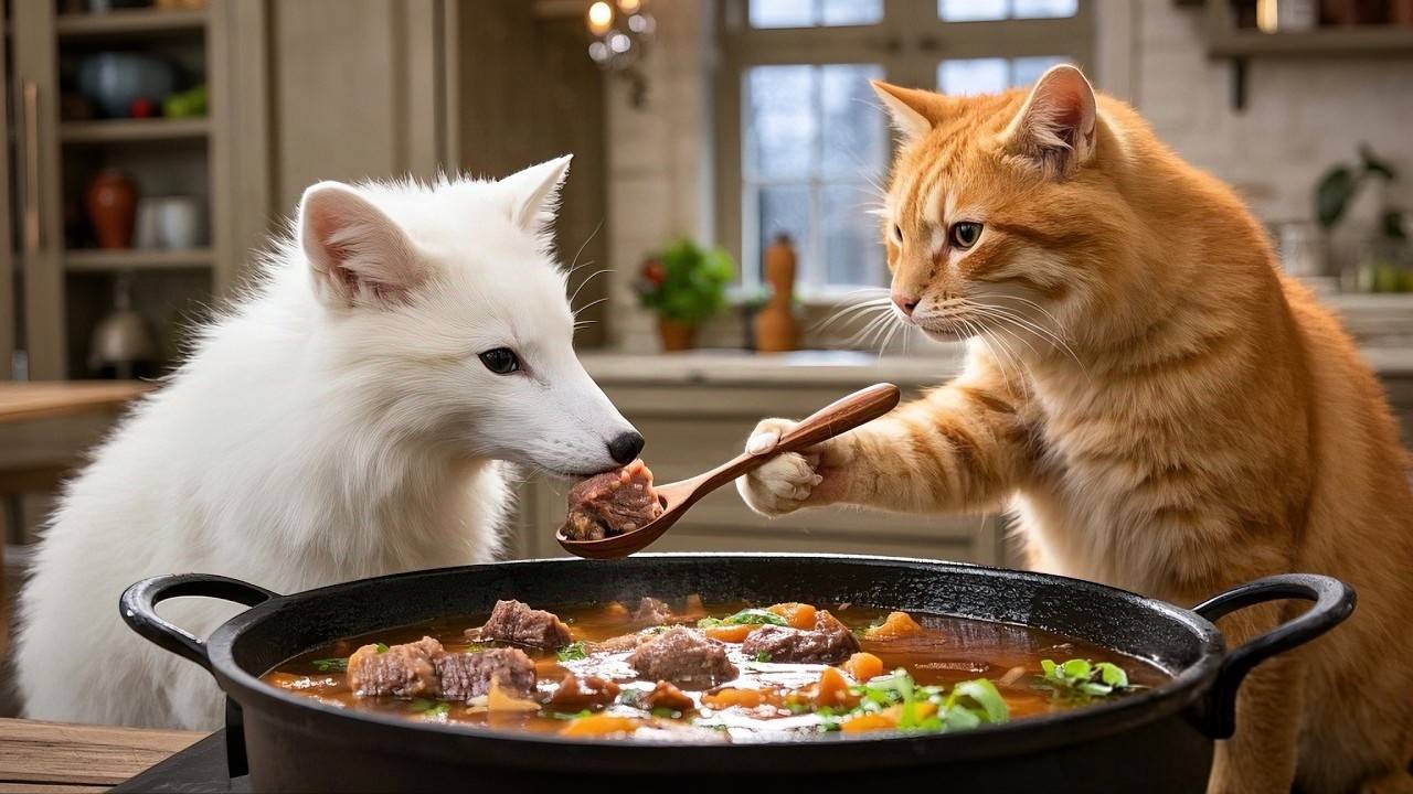Кот спасает песца и приносит его домой, чтобы приготовить вкусное угощение#кот #милый #забавный