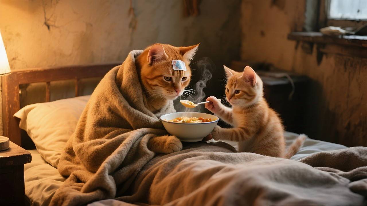 За больной мамой–кошкой ухаживает котенок - Трогательная домашняя история 🐱❤️#кошка #мило #забавно
