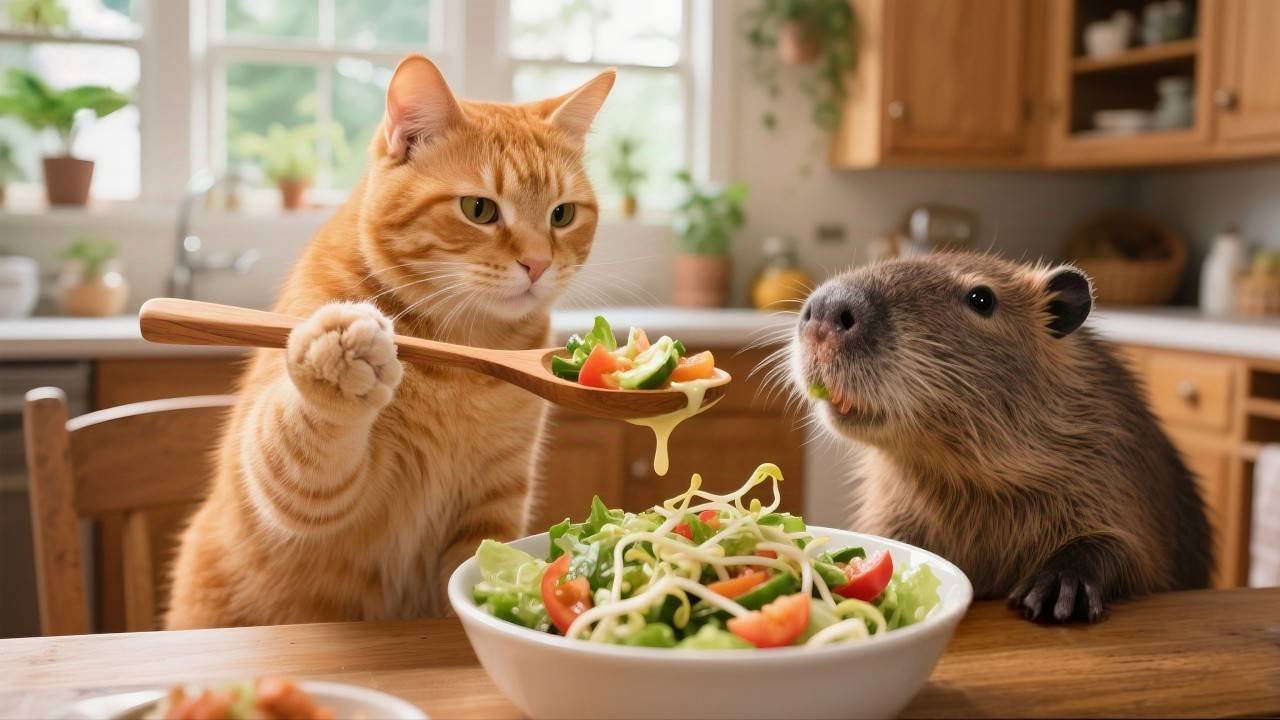 Котенок приносит домой капибару и готовит вкусный салат 🐾🦫🥗#кот #милый #забавный