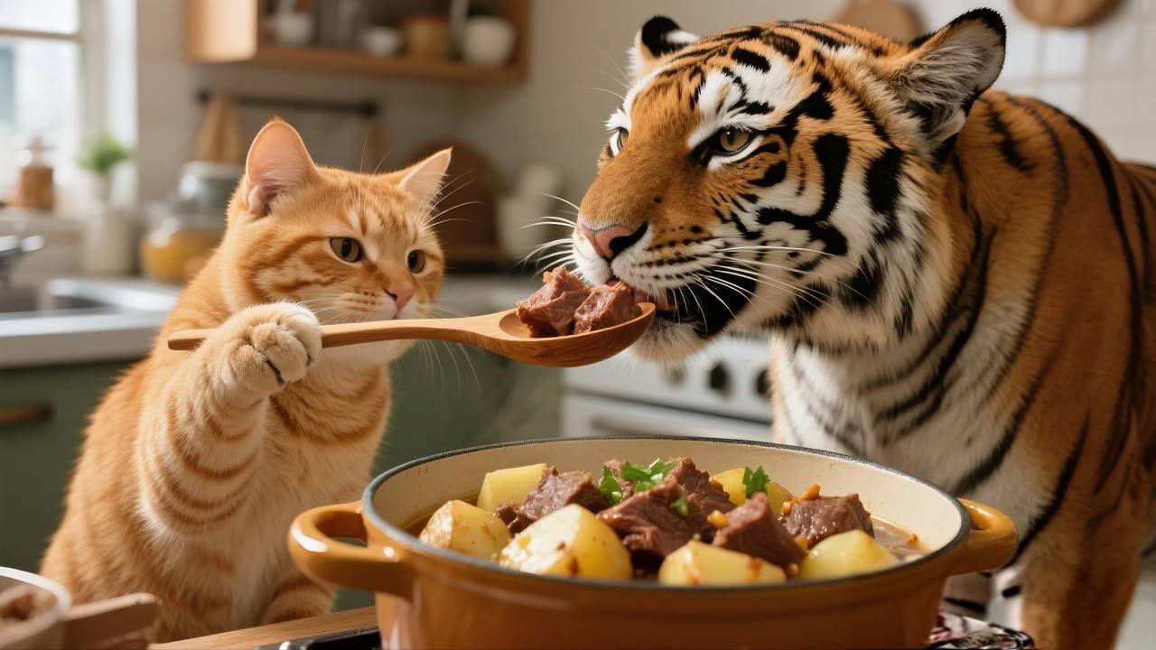 Котенок Спасает Раненого Тигра, Готовит тушеную говядину с картофелем