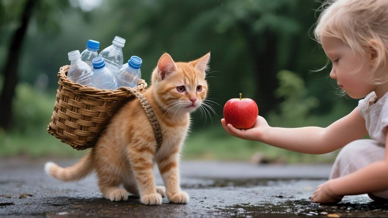 Котенок собирает бутылки, над которыми издеваются свиньи – Добрая девочка дает яблоко маме-кошке 🐾
