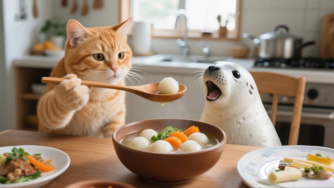 Котенок приютил Бездомного Тюлененка, принес Его Домой и приготовил Суп с фрикадельками 🐾❄️🍲