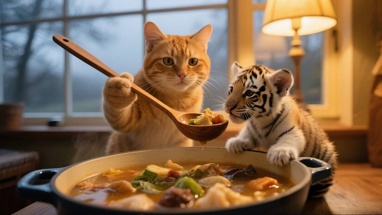 Котенок забирает домой потерявшегося Белого Тигренка, ухаживает за Ним и готовит вкусняшки 🐾❤️🍖